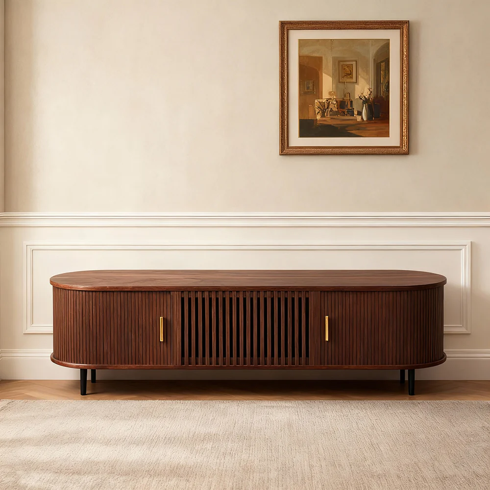 Contemporary Living Suite: Walnut Curved TV Stand & Oval Lift-Top Cof ...