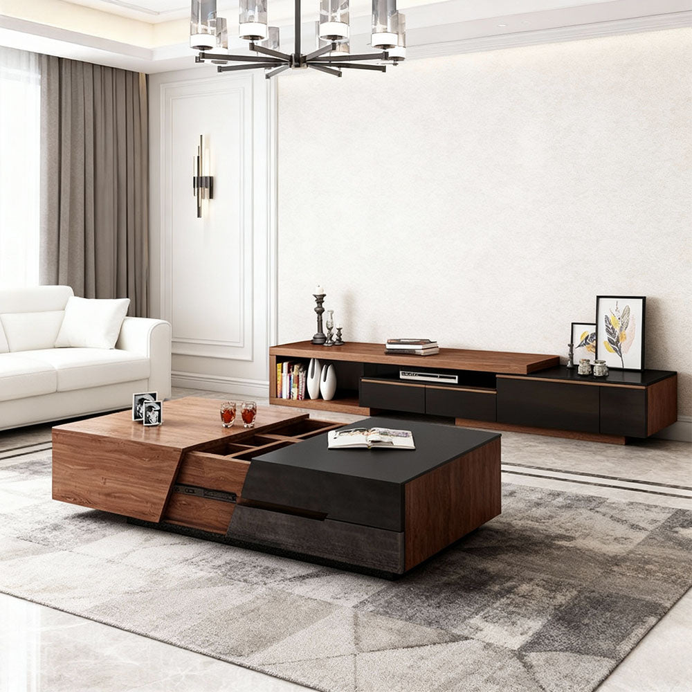 Modern Walnut & Black Extendable Coffee Table Expandable Design with ...