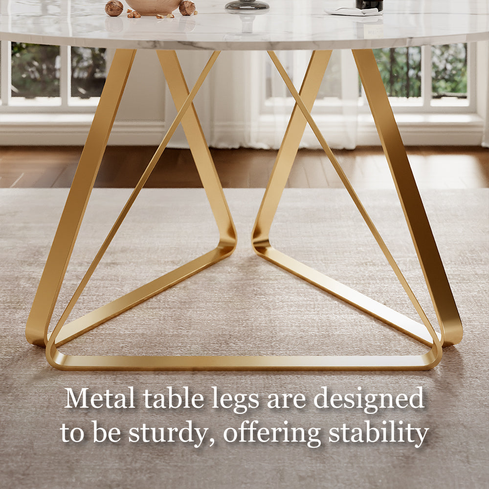 Round Marble Dining Table Modern Gold Metal Base with Lazy Susan ...