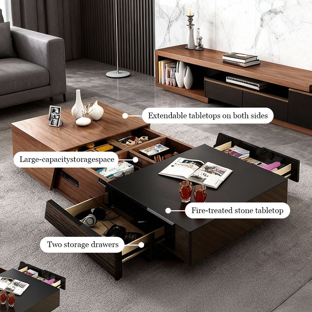 Modern Walnut & Black Extendable Coffee Table Expandable Design with ...