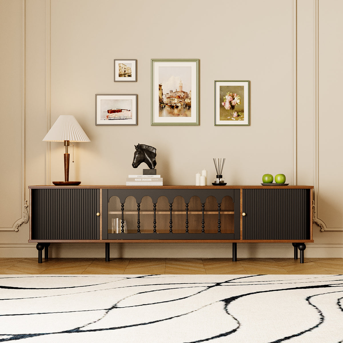 78''Retro Metal TV Cabinet Arched Grille Doors Walnut Finish Elevated ...